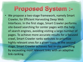 Smart Crawler -A Two Stage Crawler For Efficiently Harvesting Deep Web | PPT