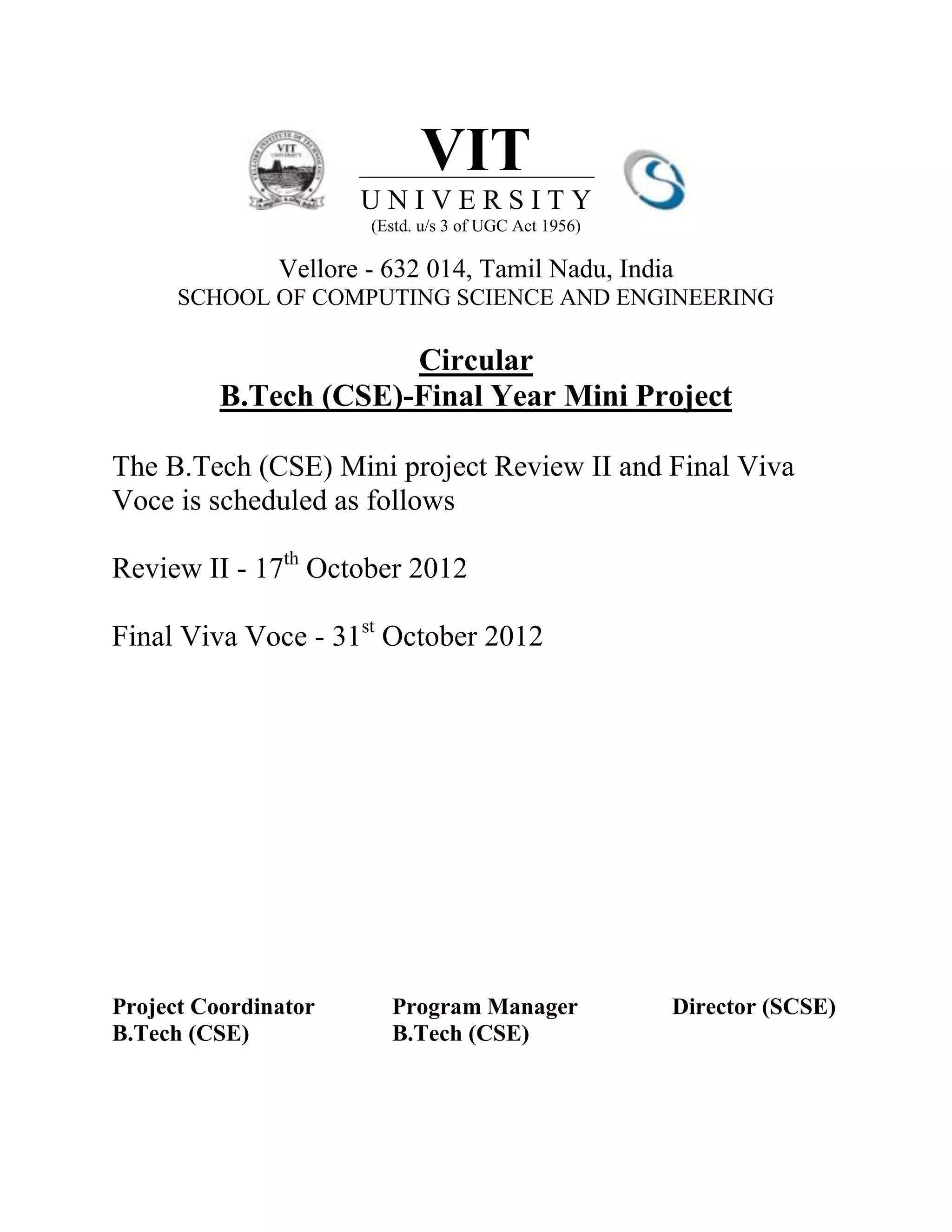 B.Tech (CSE) Mini project review scchedule | PDF