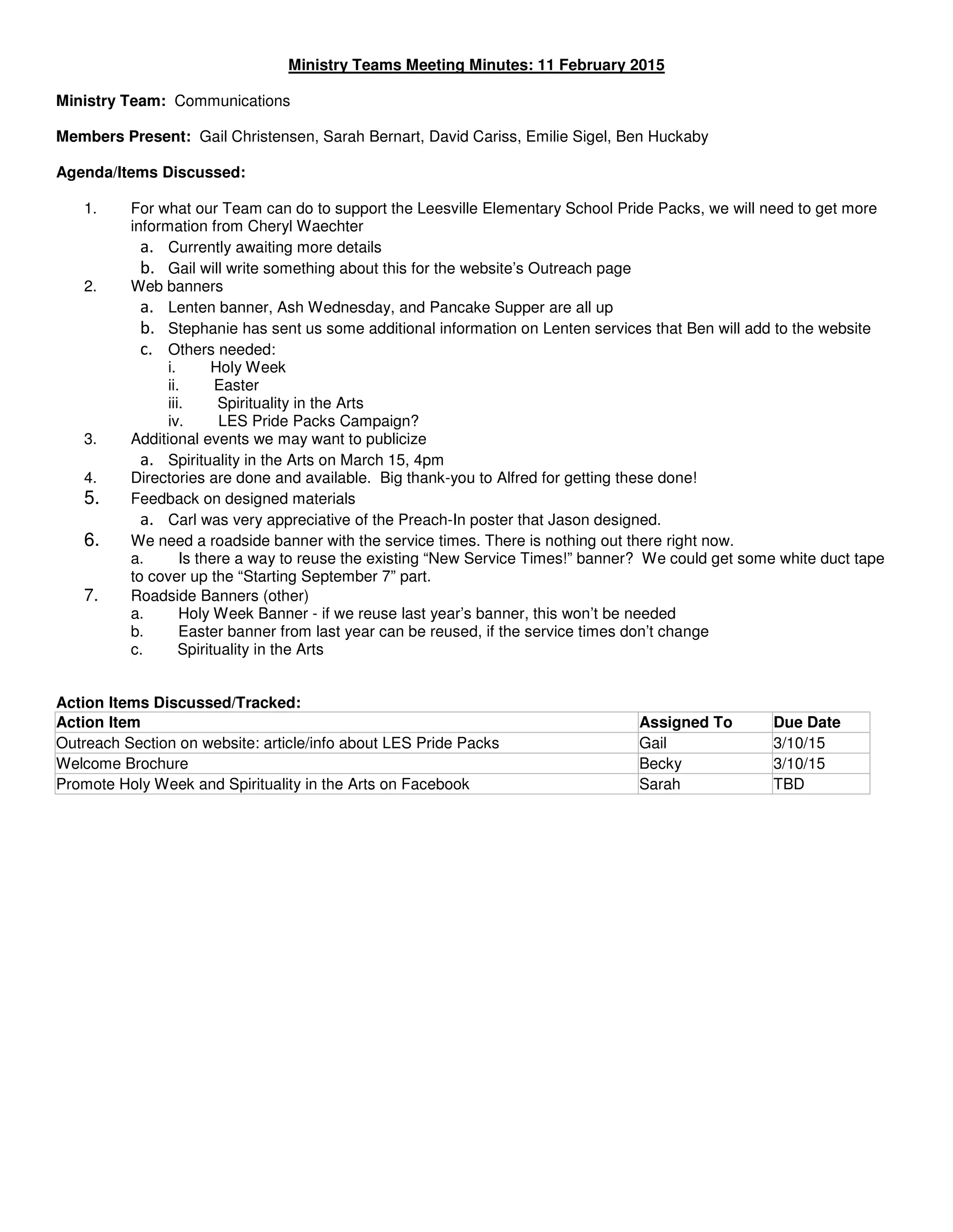 Ministry Teams Meetings Minutes Feb. 2015 | PDF