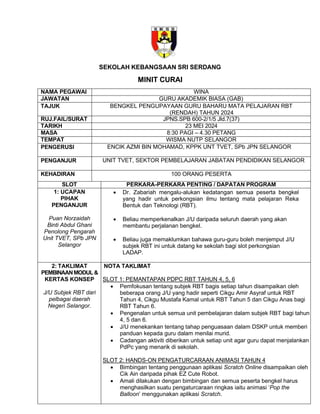 Contoh Minit Curai: Bengkel Pemantapan Guru RBT Baharu Selangor | PDF