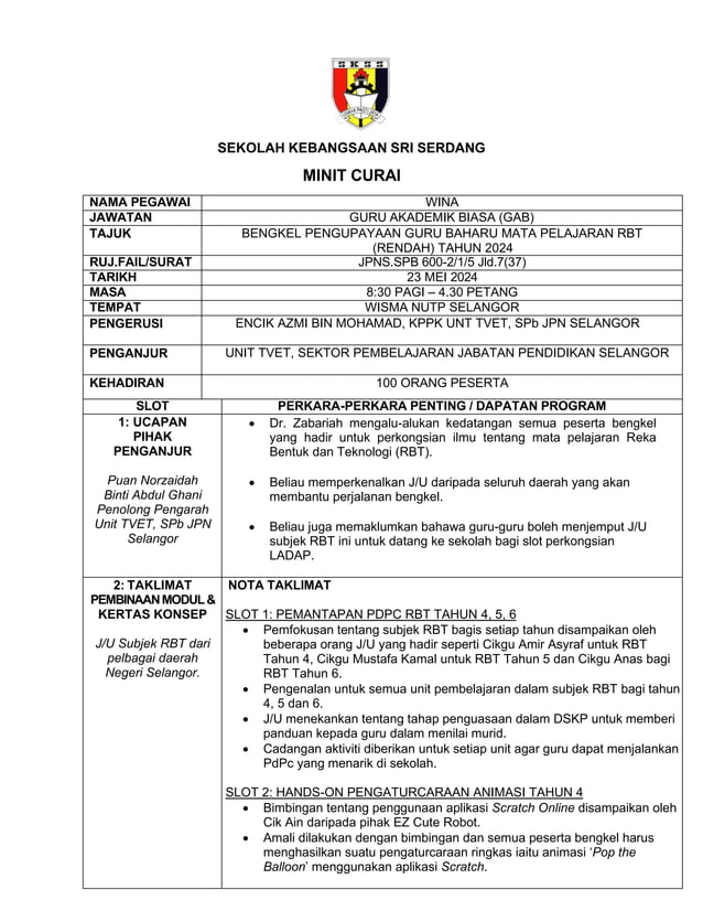 Contoh Minit Curai: Bengkel Pemantapan Guru RBT Baharu Selangor | PDF