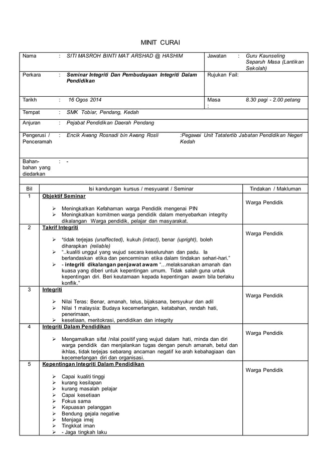 Minit curai integriti | DOCX