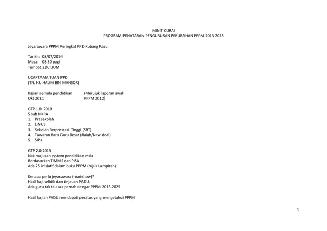 Minit curai program penataran pengurusan perubahan pppm | DOCX