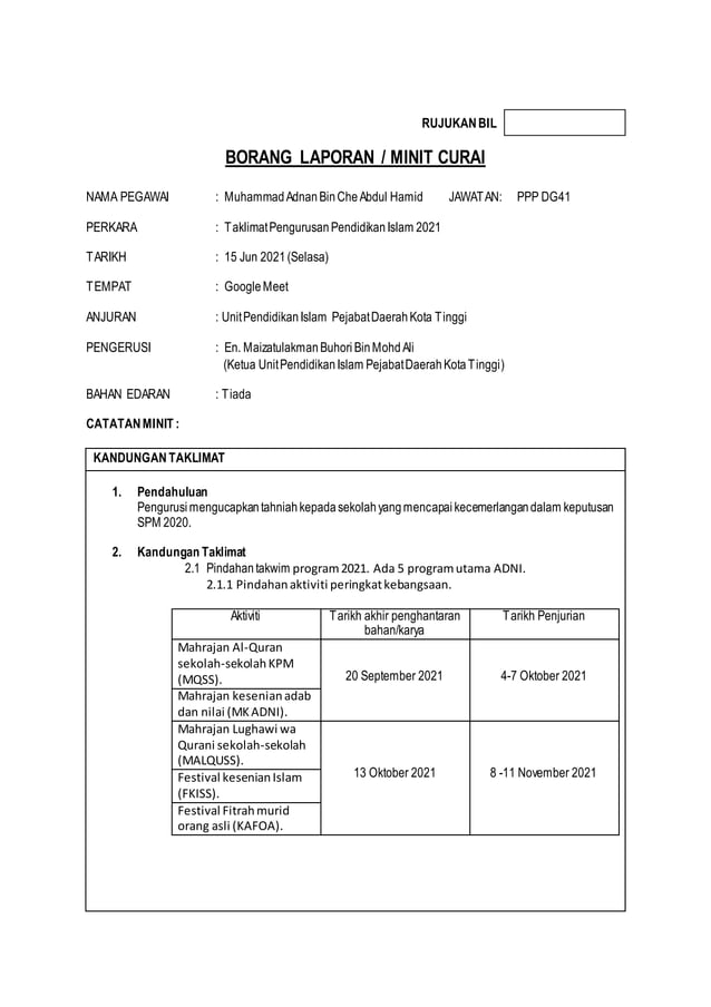 Minit curai taklimat | DOCX