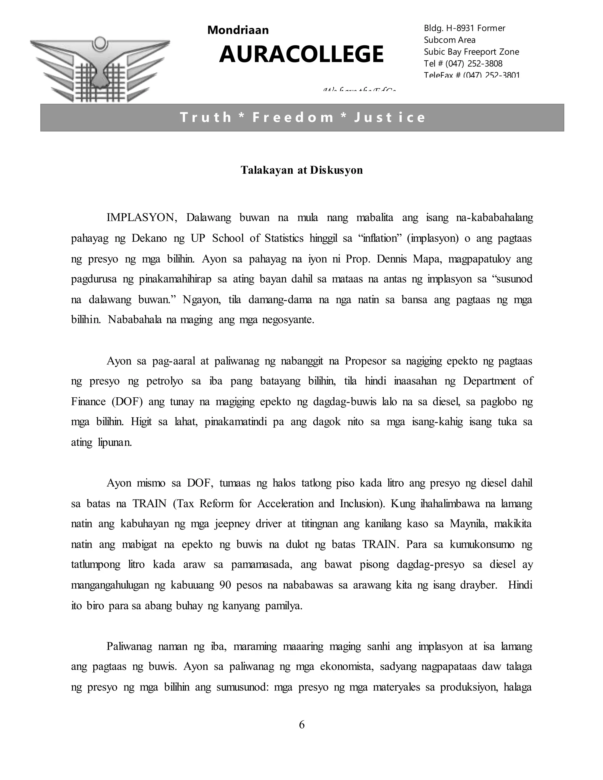 MGA DAHILAN AT EPEKTO SA PAGTAAS NG BILIHIN Papel-Pananaliksik/Research Paper | DOCX