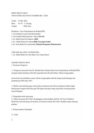 MINIT MESYUARAT PANITIA PENDIDIKAN SENI VISUAL DAN MUZIK | DOCX