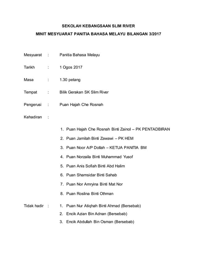 contoh minit mesyuarat panitia BM | DOCX