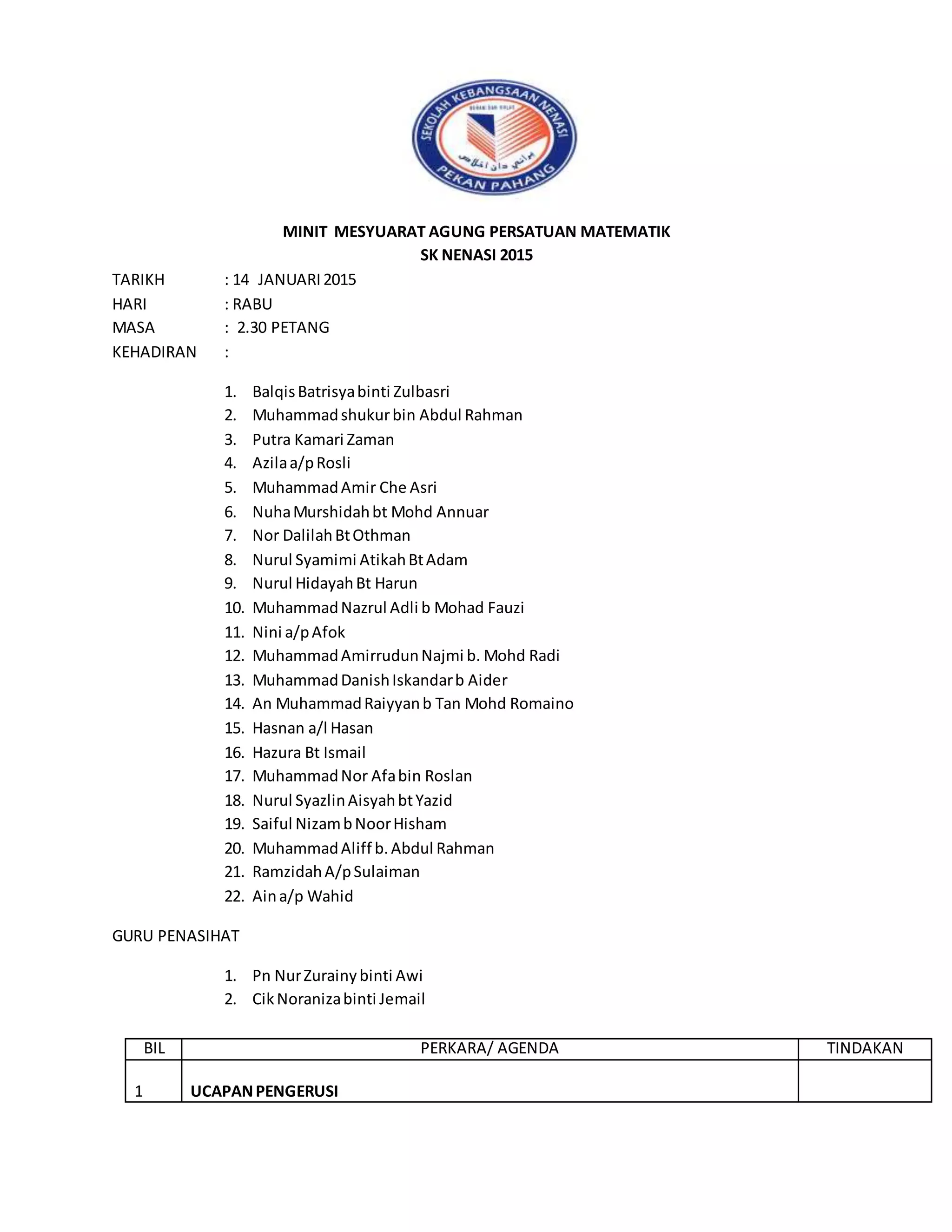 Minit mesyuarat agung persatuan matematik 2015 | DOCX