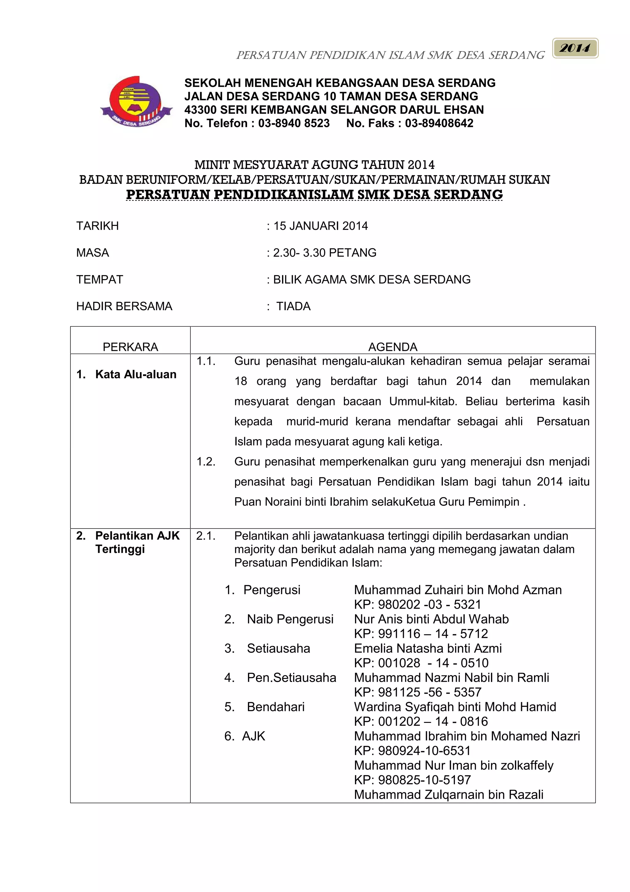 Minit mesyuarat agung pi 2014 | PDF