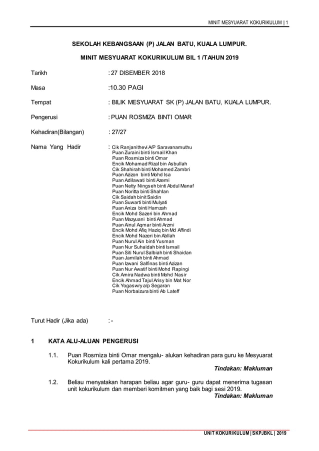 Minit mesyuarat kokurikulum 1 2019 | PDF
