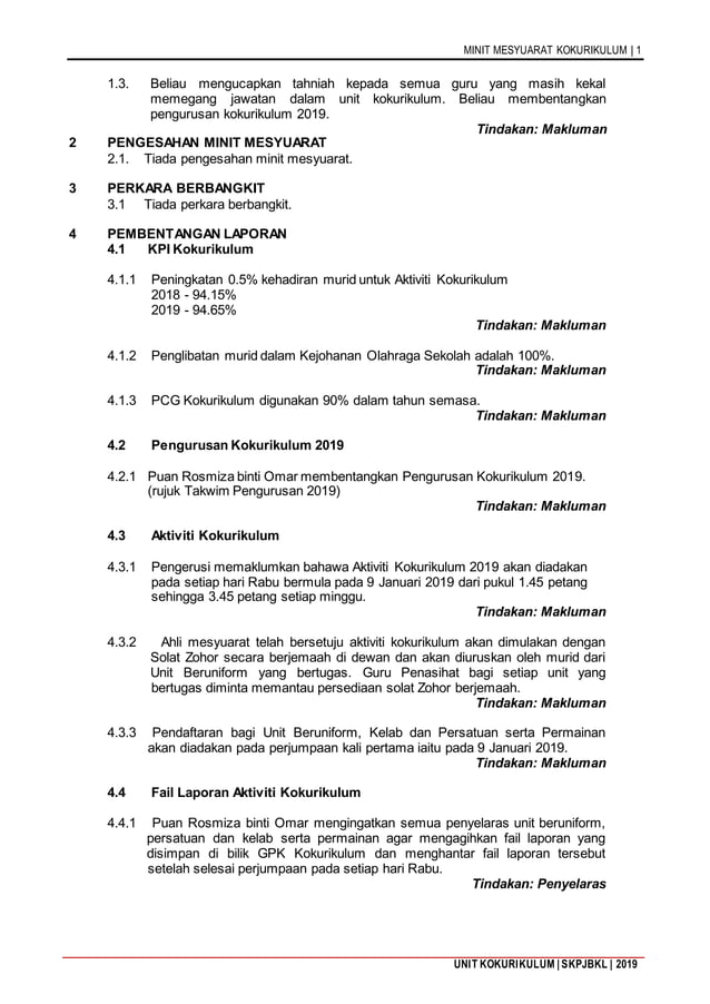 Minit mesyuarat kokurikulum 1 2019 | PDF