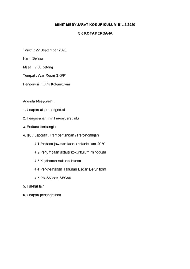 Minit mesyuarat kokurikulum skkp 2020 bil 3 | PDF