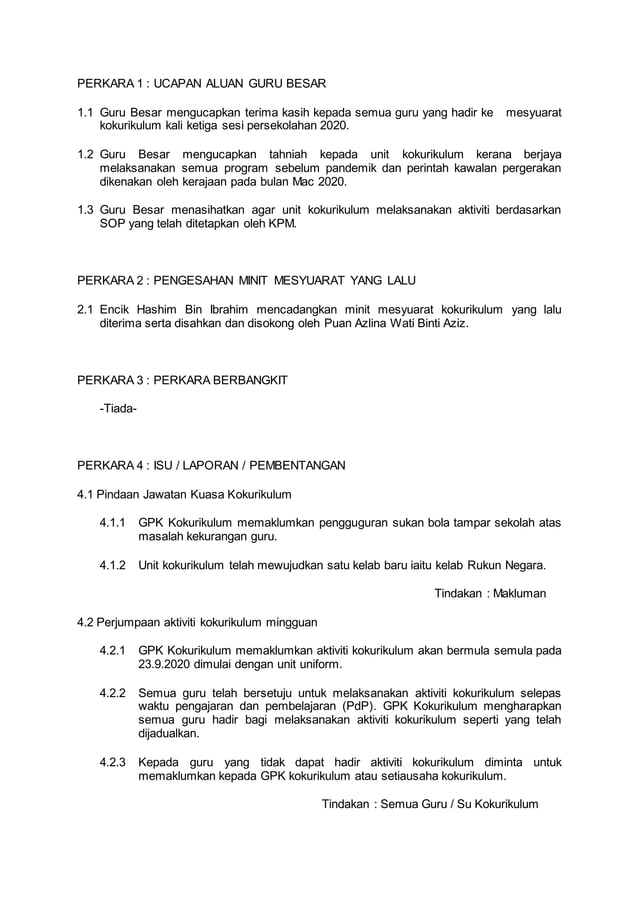 Minit mesyuarat kokurikulum skkp 2020 bil 3 | PDF