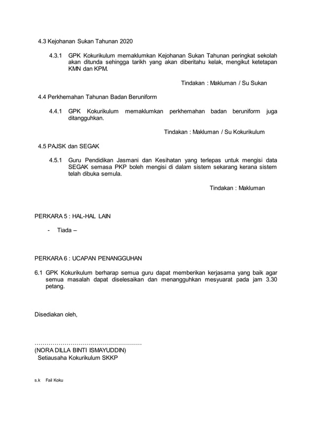 Minit mesyuarat kokurikulum skkp 2020 bil 3 | PDF