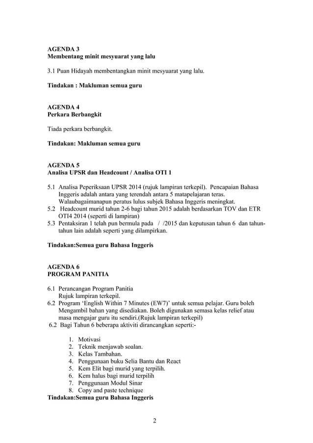 Minit mesyuarat panitia BI 2 | PDF