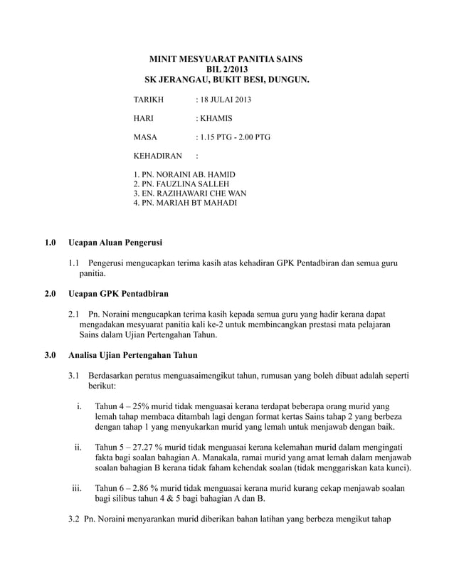 Minit mesyuarat panitia sains 2 skj | PDF