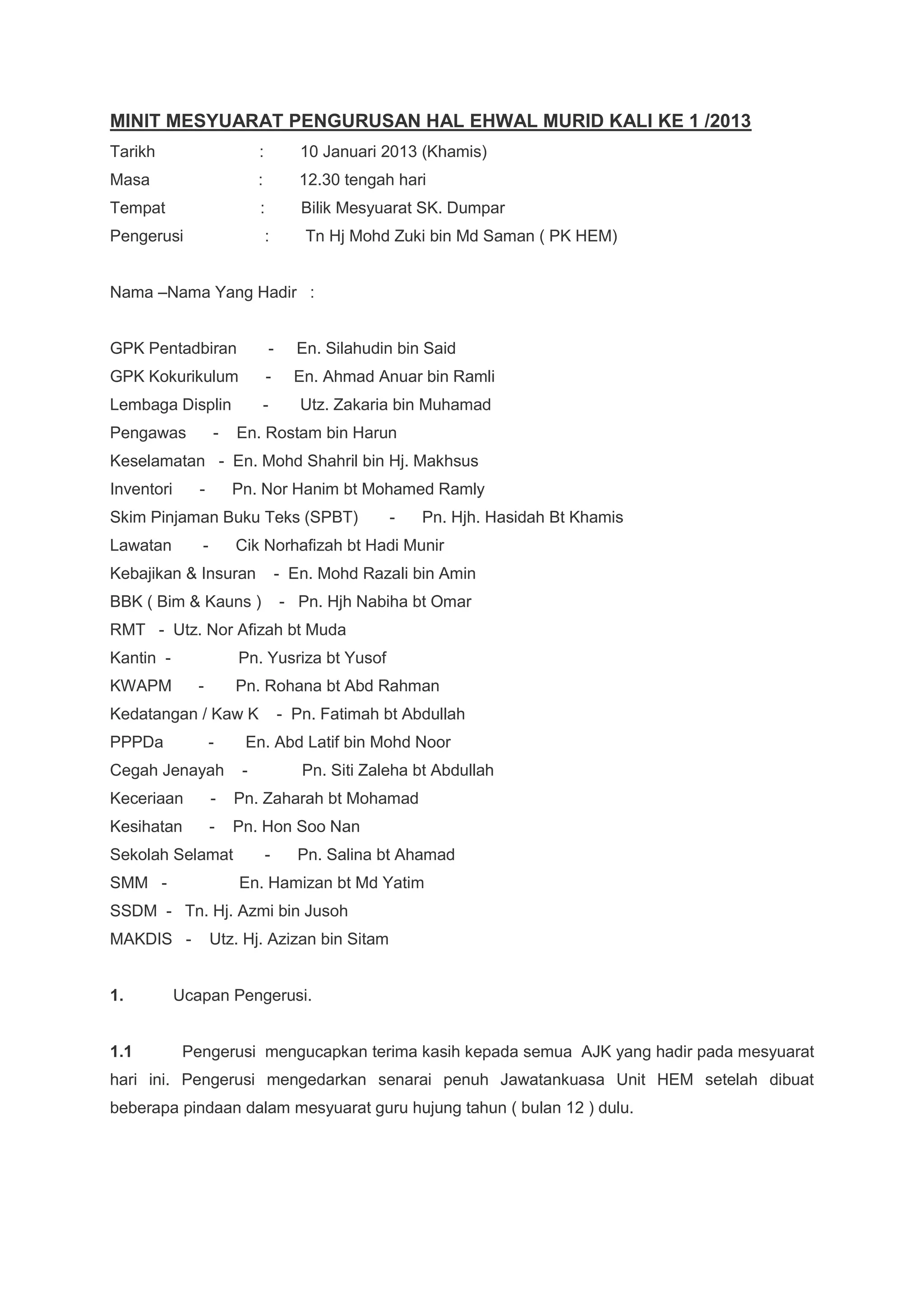 Minit mesyuarat pengurusan hal ehwal murid kali ke 1 | DOCX