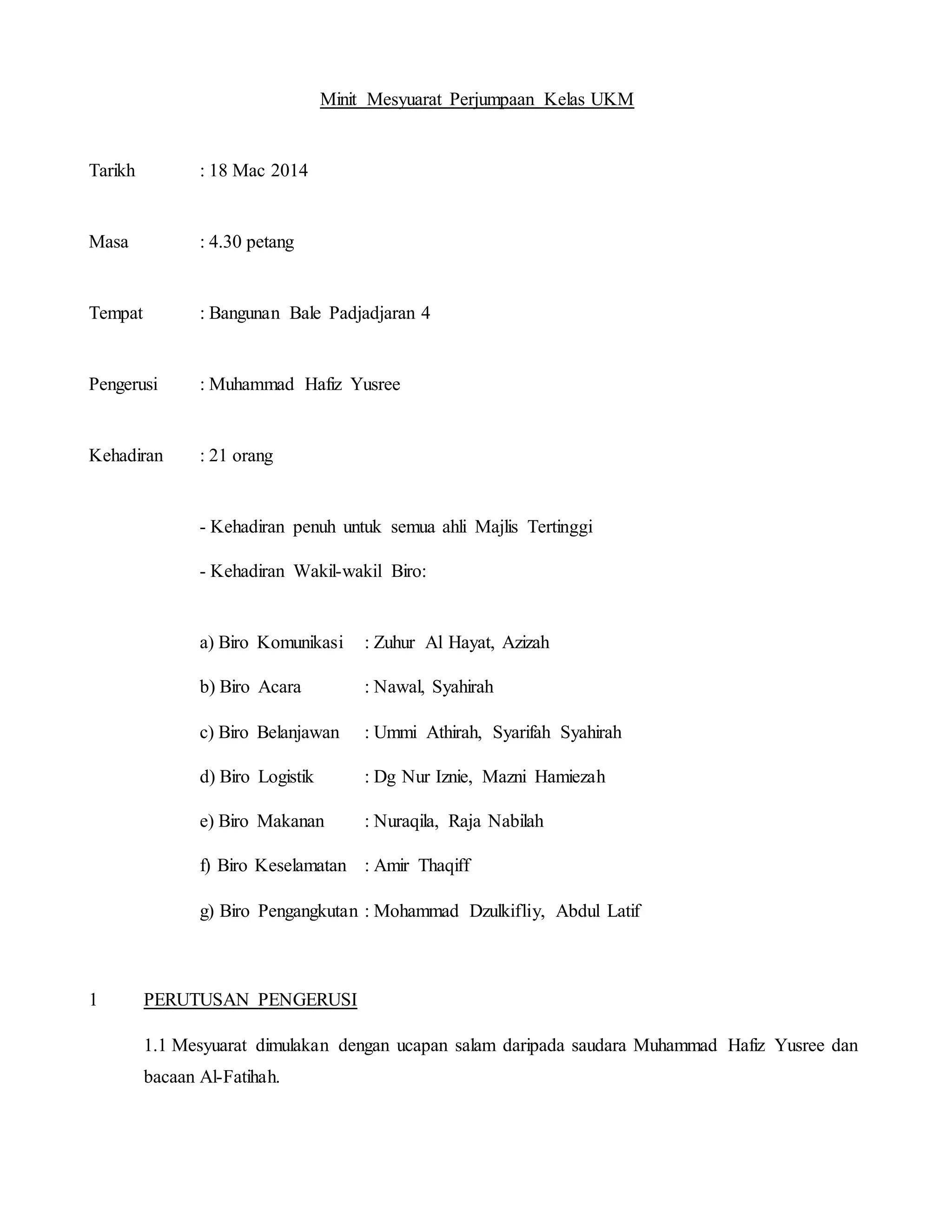 Minit mesyuarat perjumpaan kelas ukm 4 | DOCX