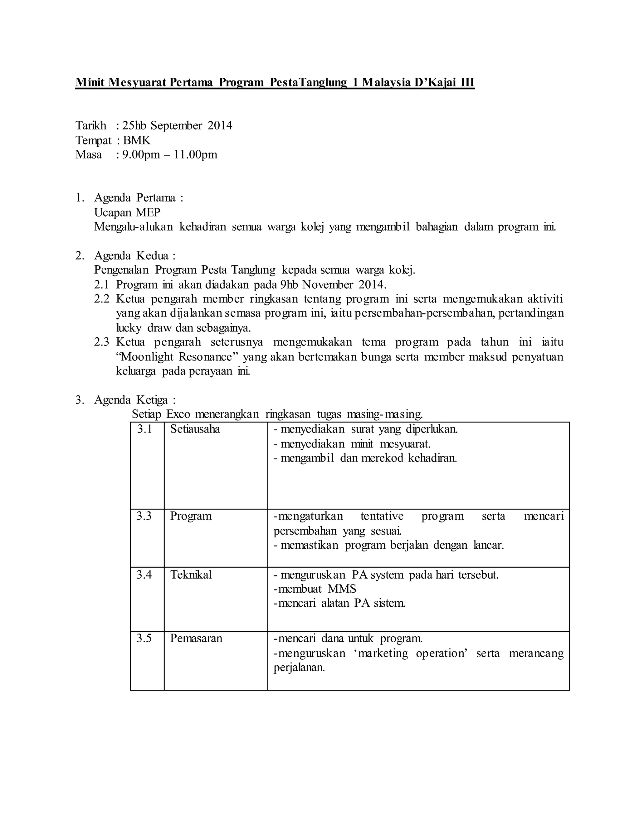 Minit Mesyuarat Program Pesta Tanglung 1 Malaysia D‘Kajai III | PDF