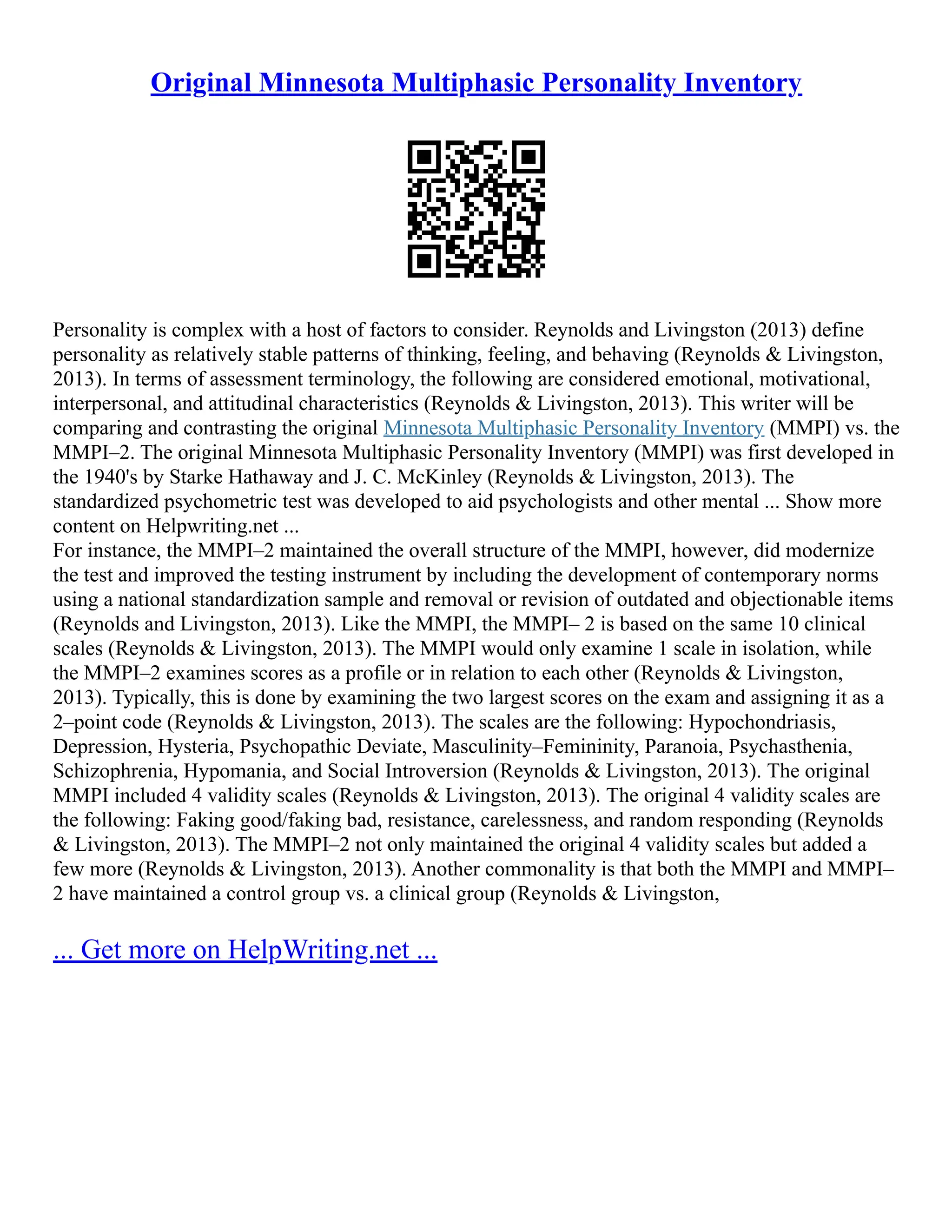 Minnesota Multiphasic Personality Inventory Analysis | PDF