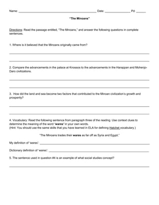Minoans questions and rubric | DOCX