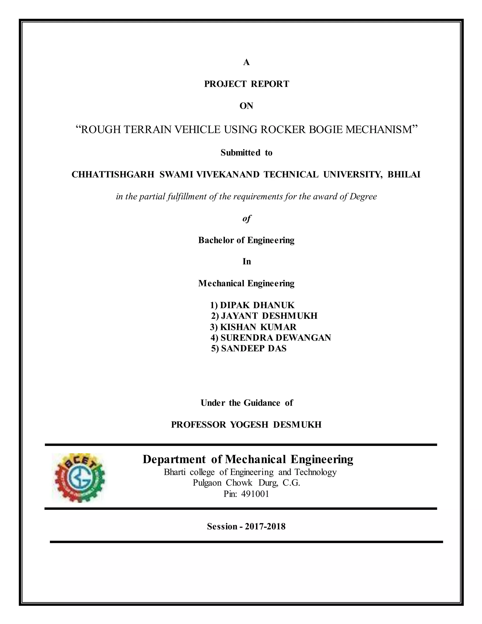 Minor project thesis OF ROCKER BOGIE MACHANISM | PDF