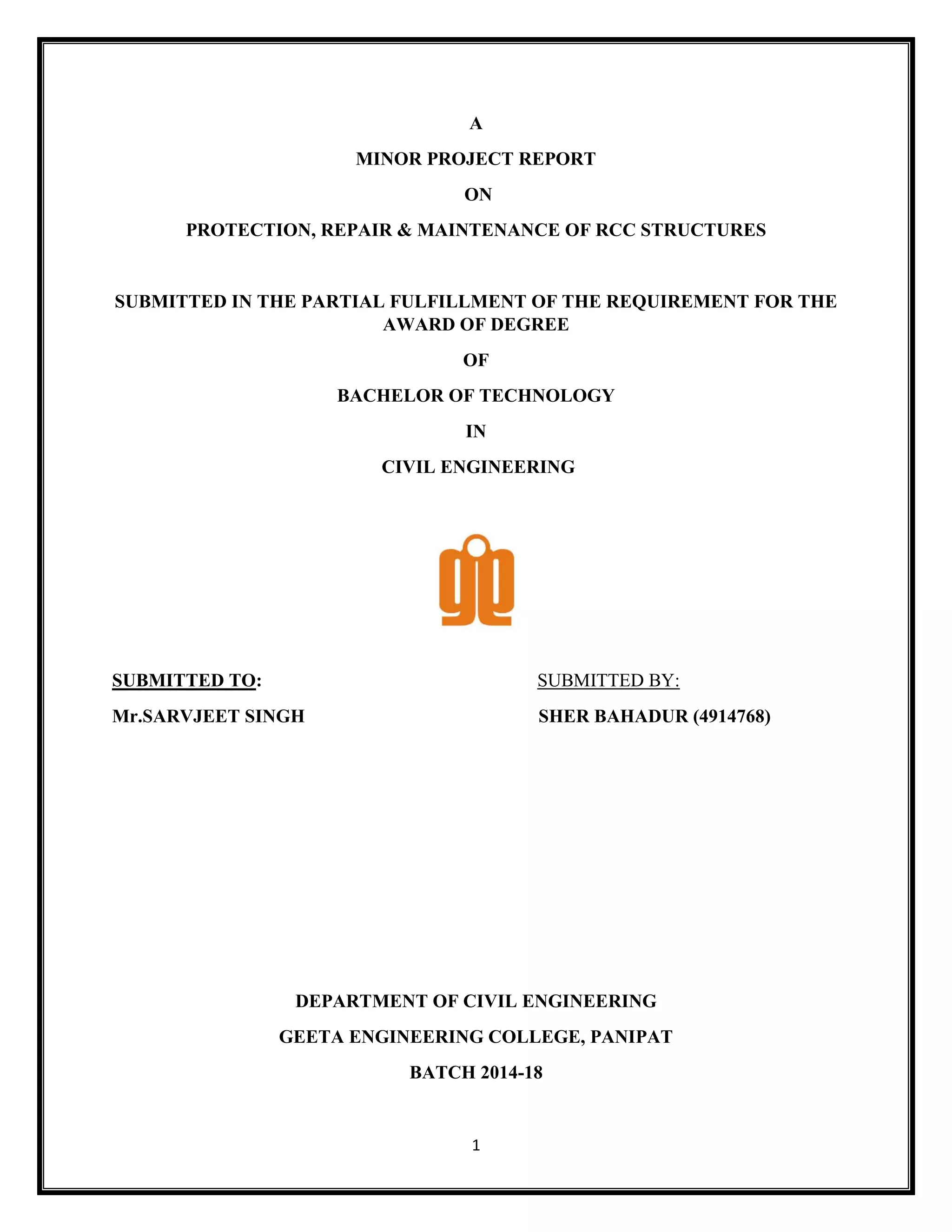 PROTECTION, REPAIR & MAINTENANCE OF RCC STRUCTURES SUBMITTED IN THE ...