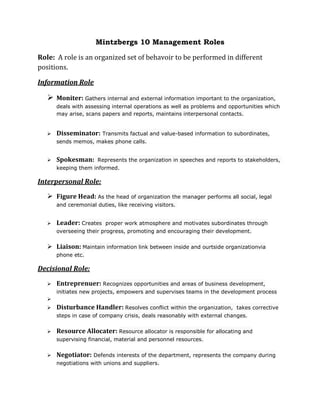 Mintzbergs 10 management roles | DOCX