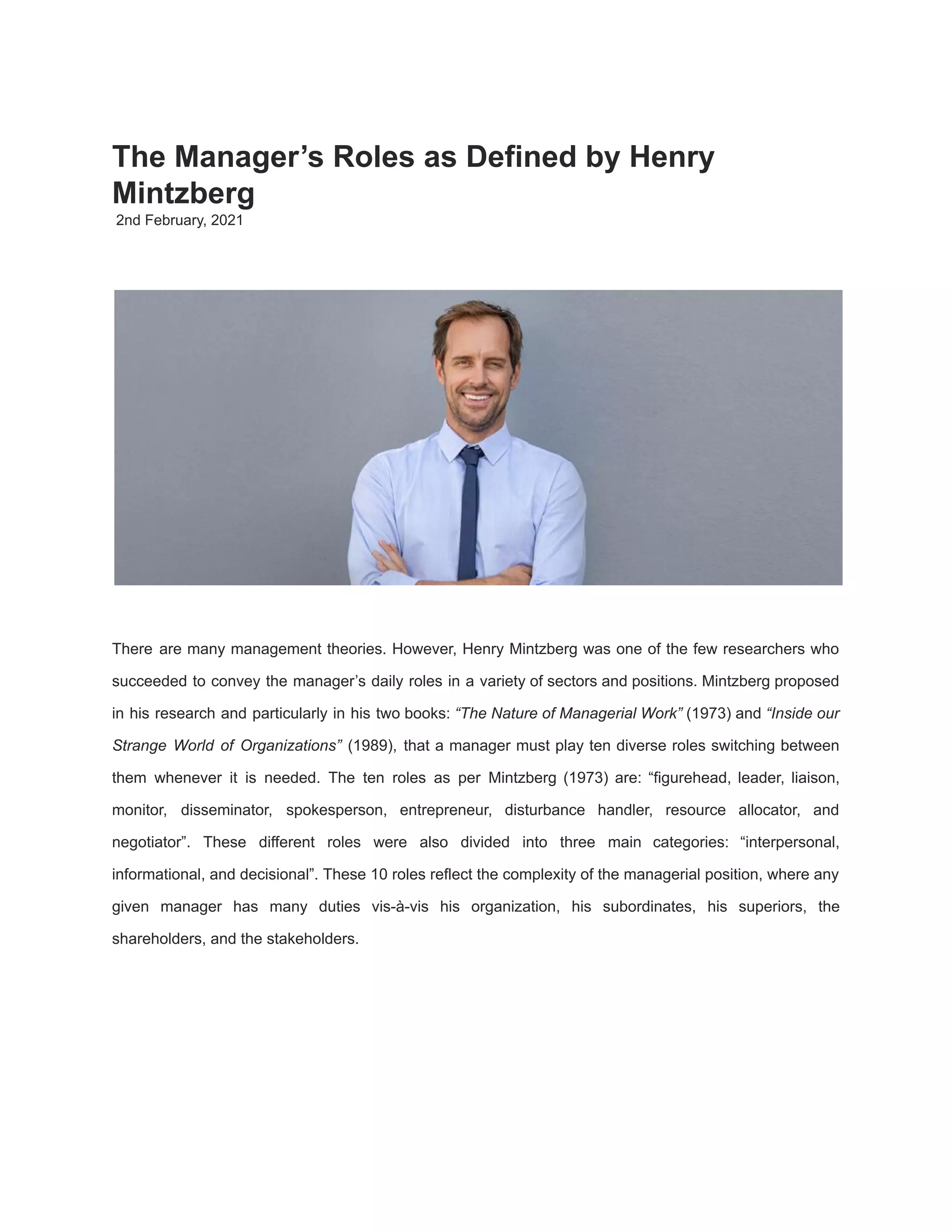 Mintzberg’s managerial theory | PDF