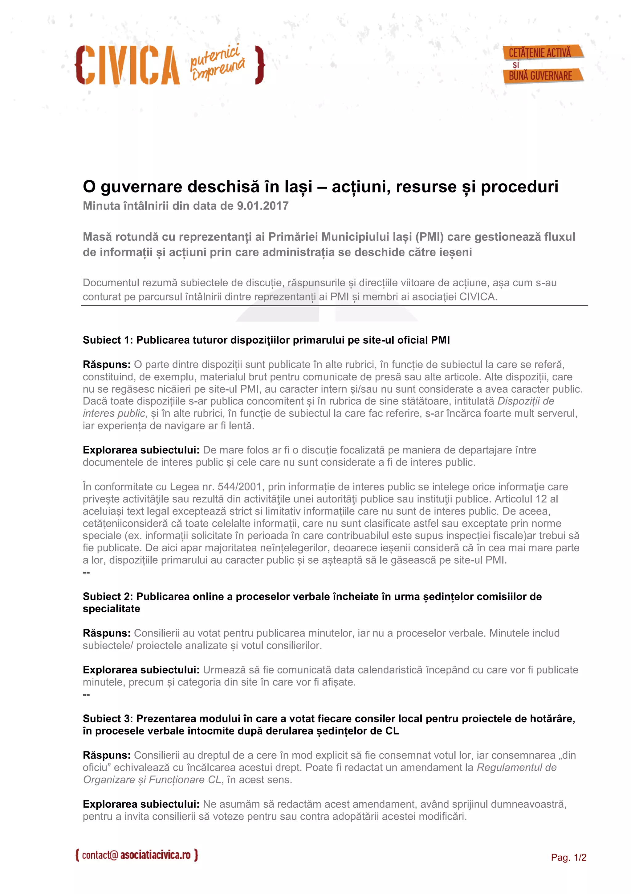 Minuta întâlnirii reprezentantilor PMI și CIVICA - 9 ianuarie 2017 | PDF