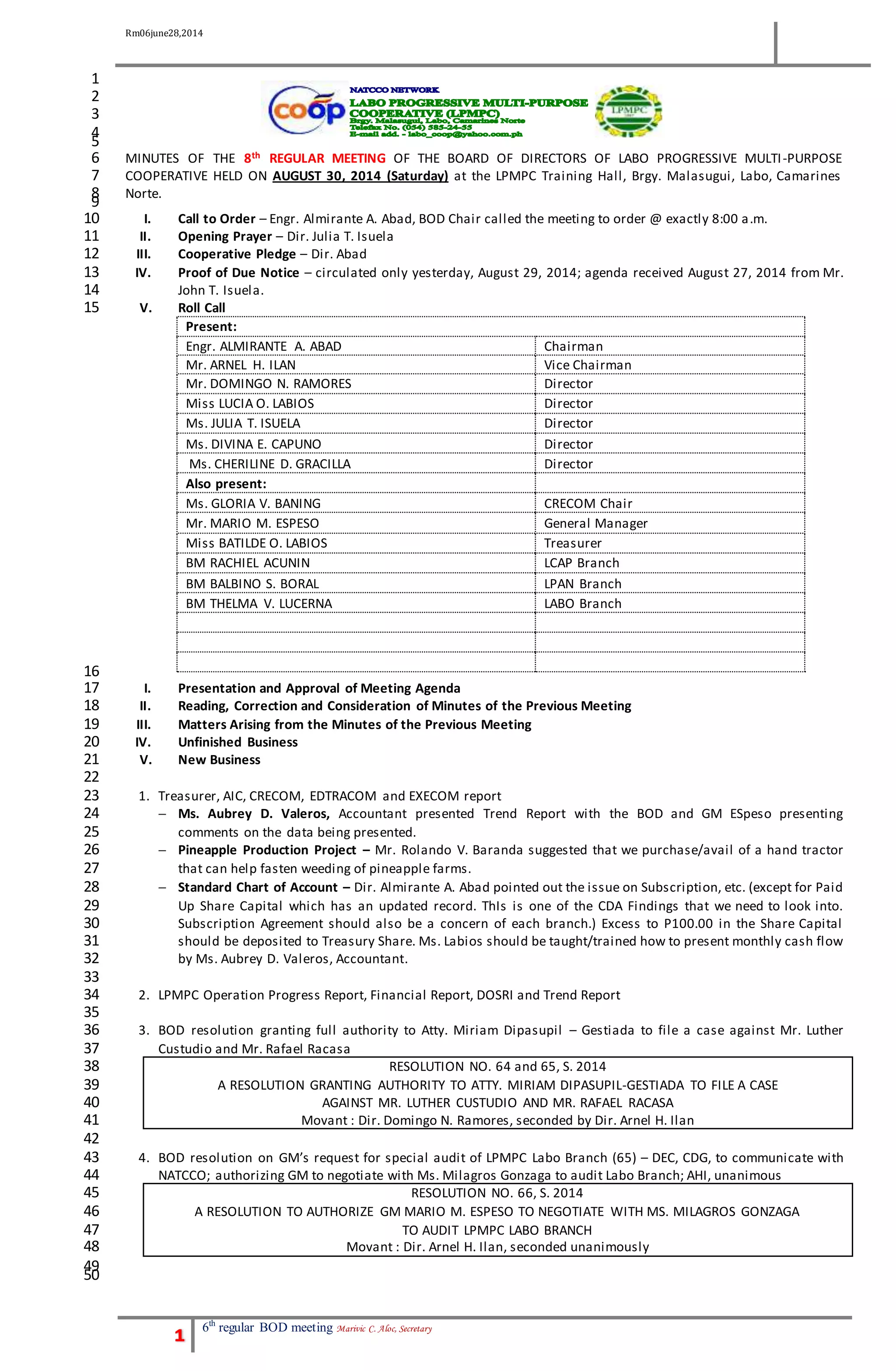 Minutes of bod meeting august 14' | DOCX