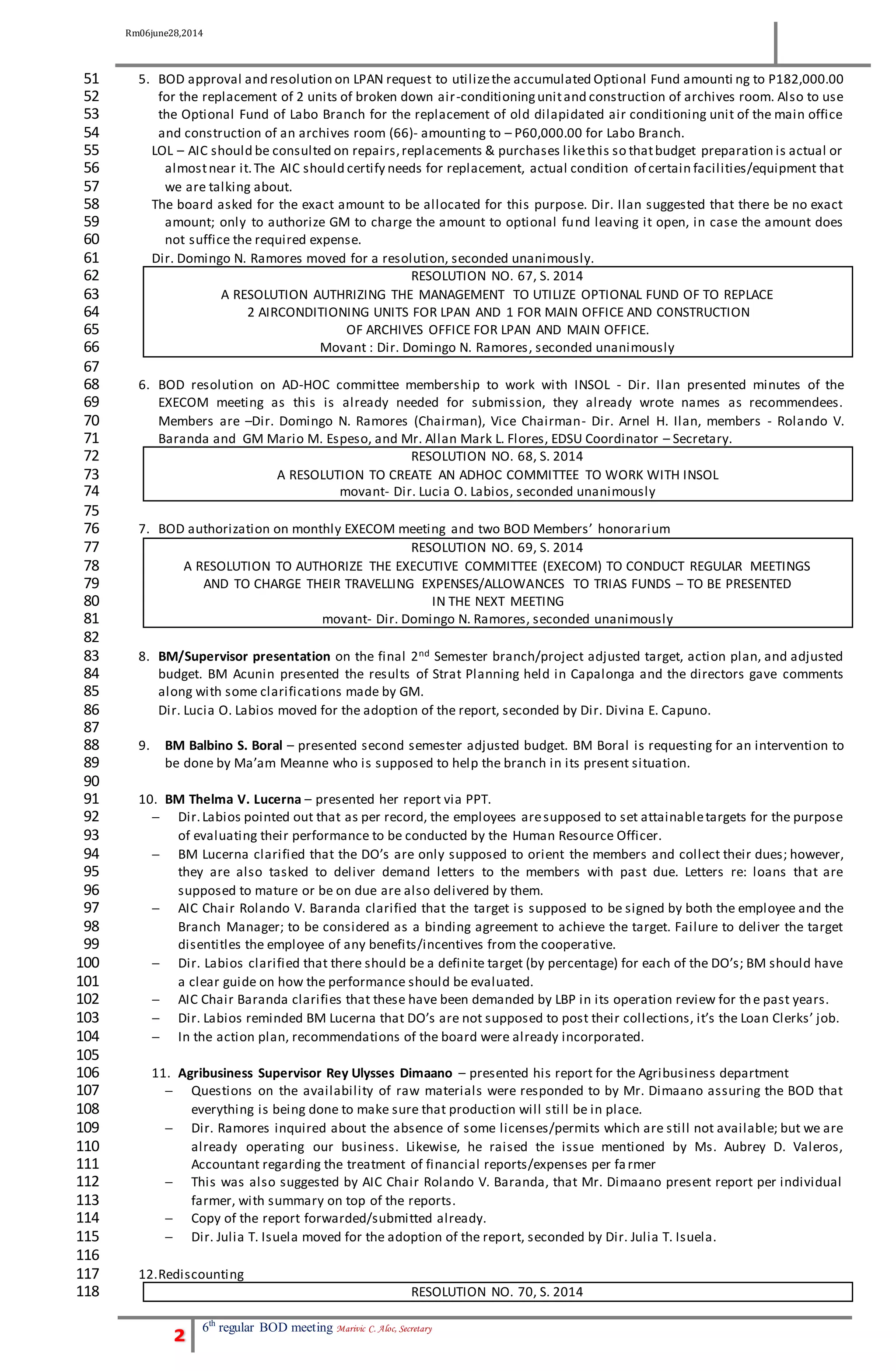 Minutes of bod meeting august 14' | DOCX