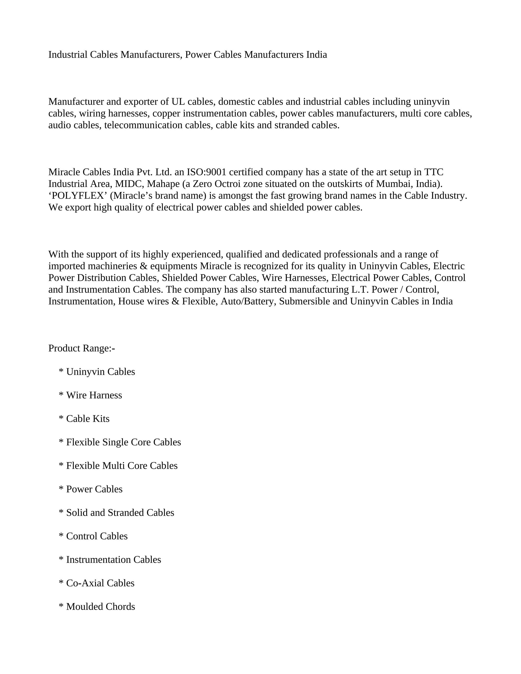 Miracle cables private limited | DOC
