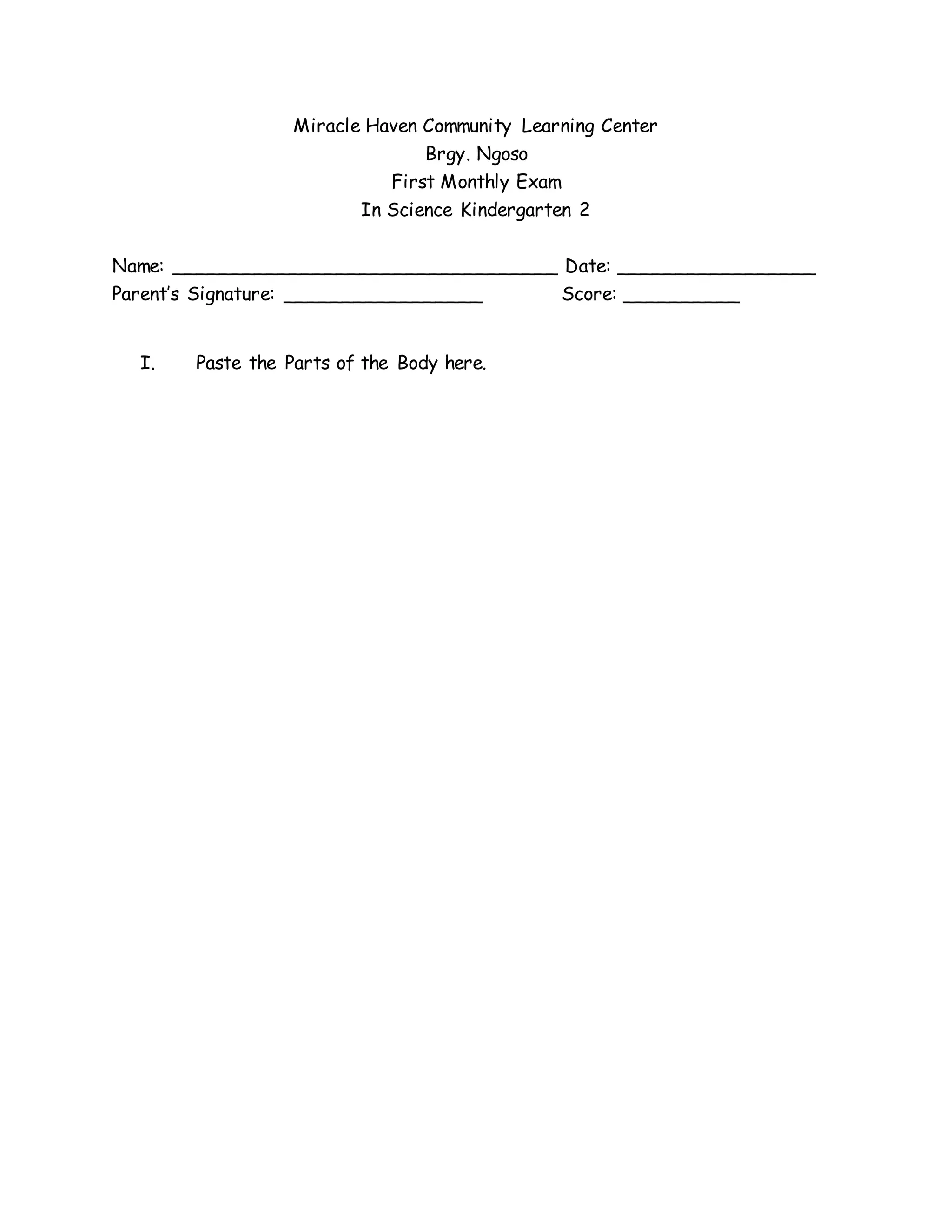 Kindergarten Test Paper Monthly Exam | DOCX
