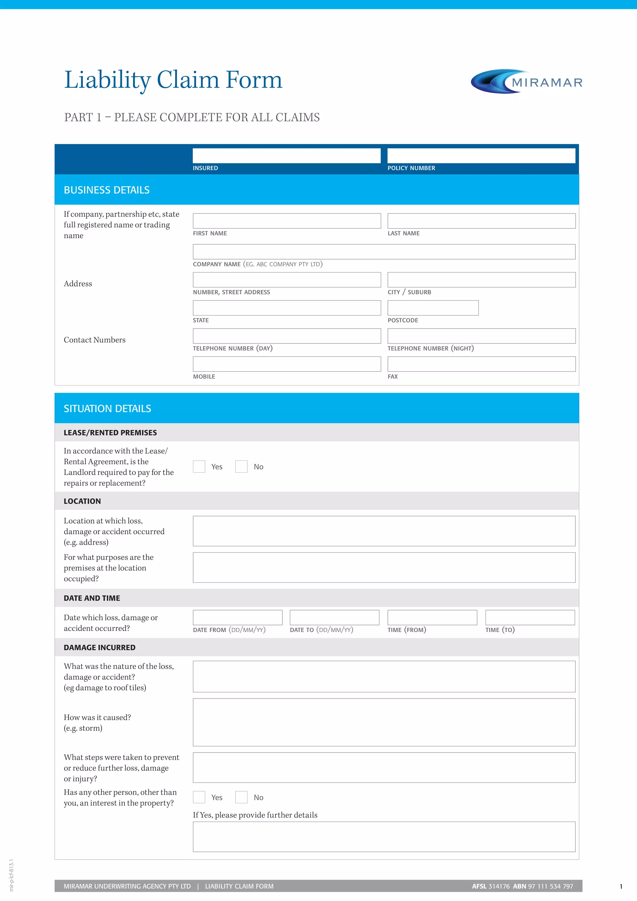 Miramar Public Liability Claim Form | PDF