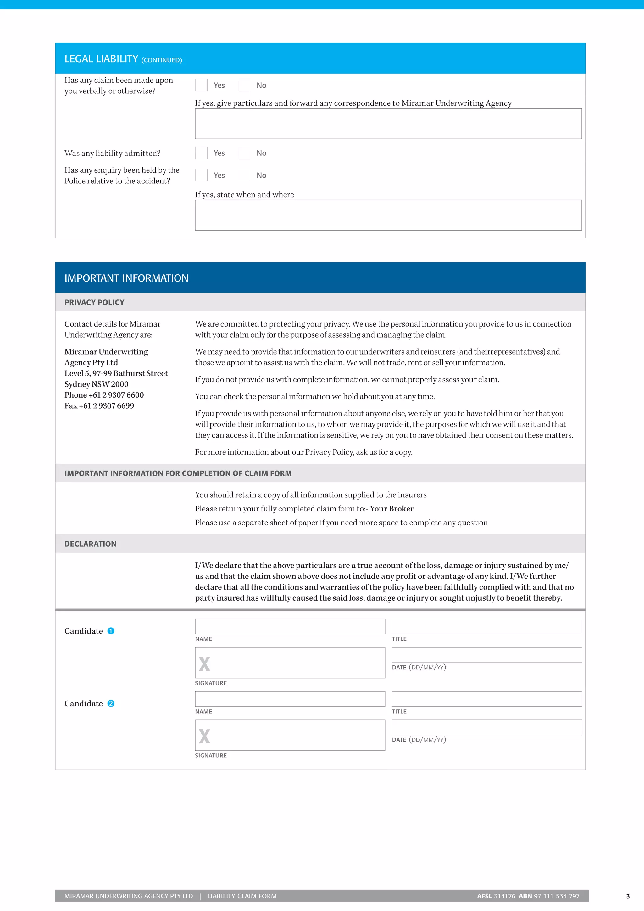 Miramar Public Liability Claim Form | PDF | Home Insurance | Insurance