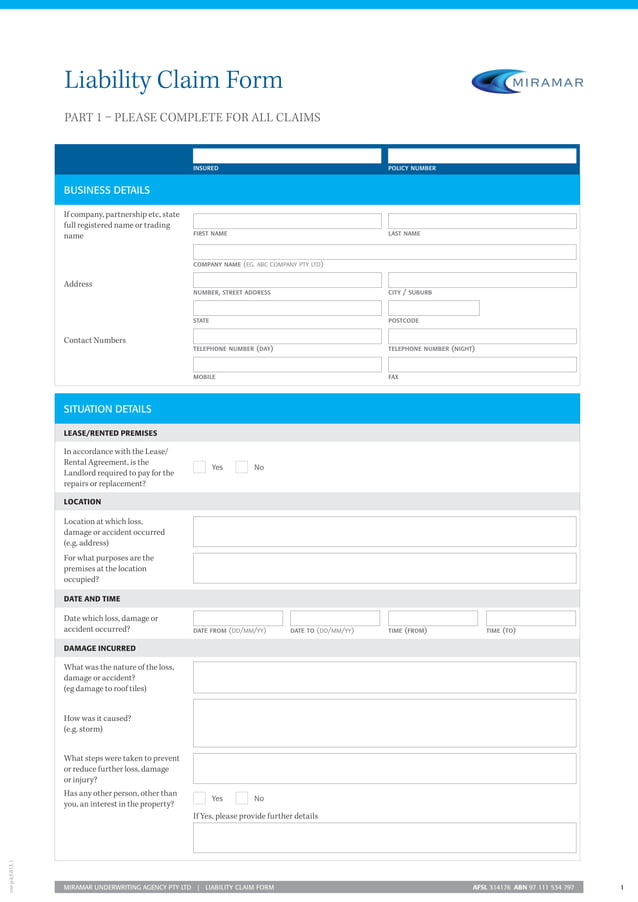 Miramar Public Liability Claim Form | PDF | Home Insurance | Insurance