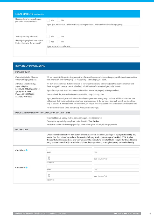 Miramar Public Liability Claim Form | PDF | Home Insurance | Insurance