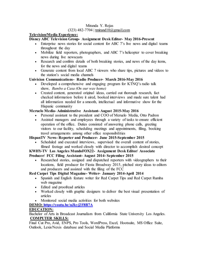 Miranda rojas resume | DOCX | Television | Entertainment
