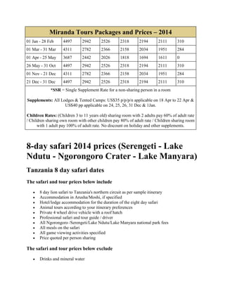 Miranda tours and safaris packages and prices.2014