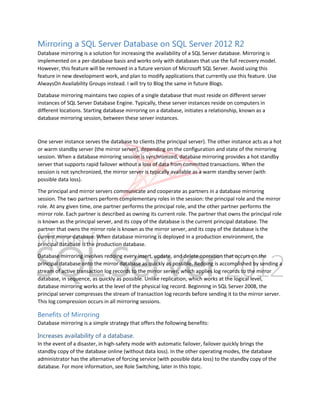 Mirroring in SQL Server 2012 R2 | DOCX