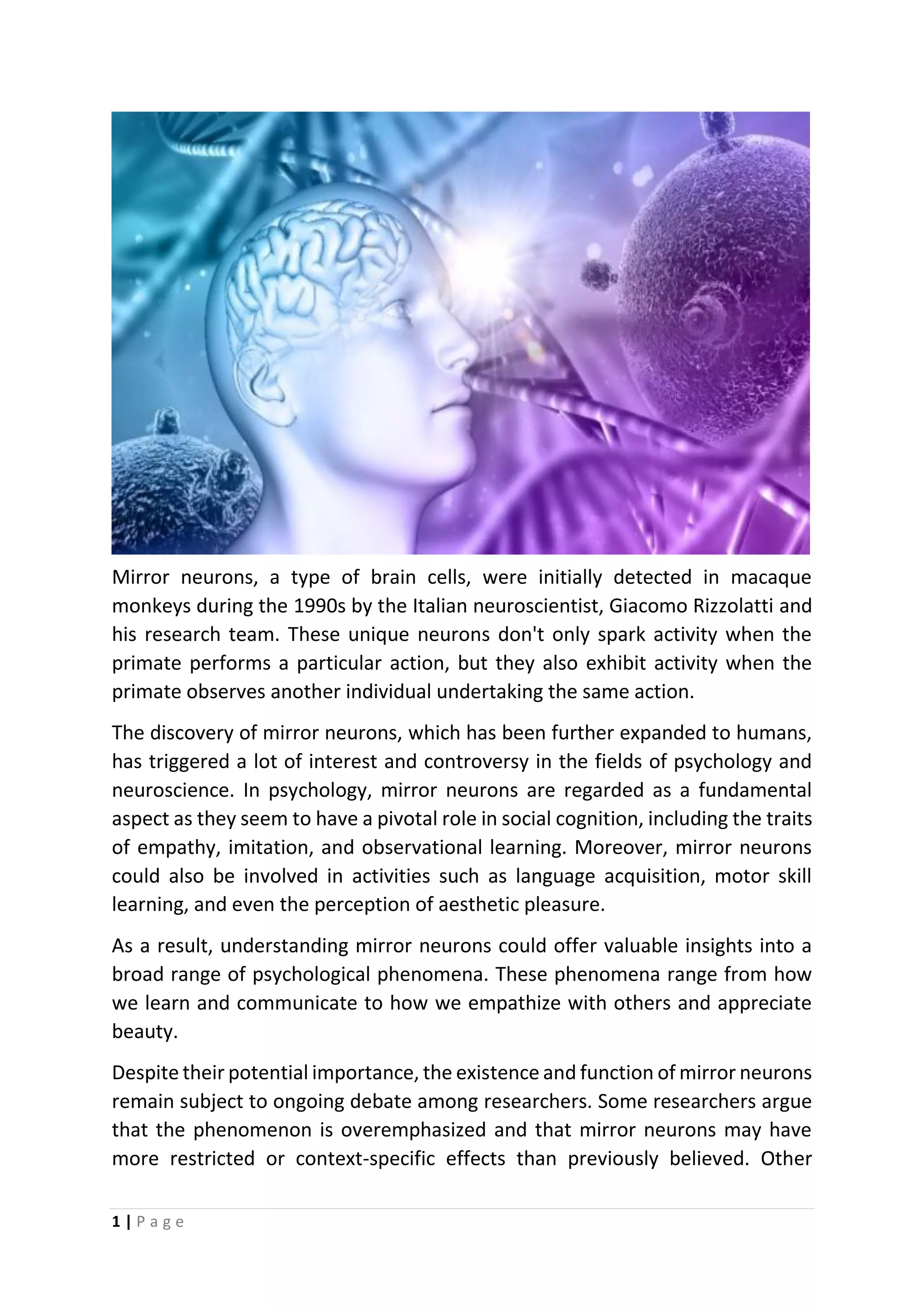 Mirror Neurons - A Key to Understanding Social Behaviour and Cognition | PDF