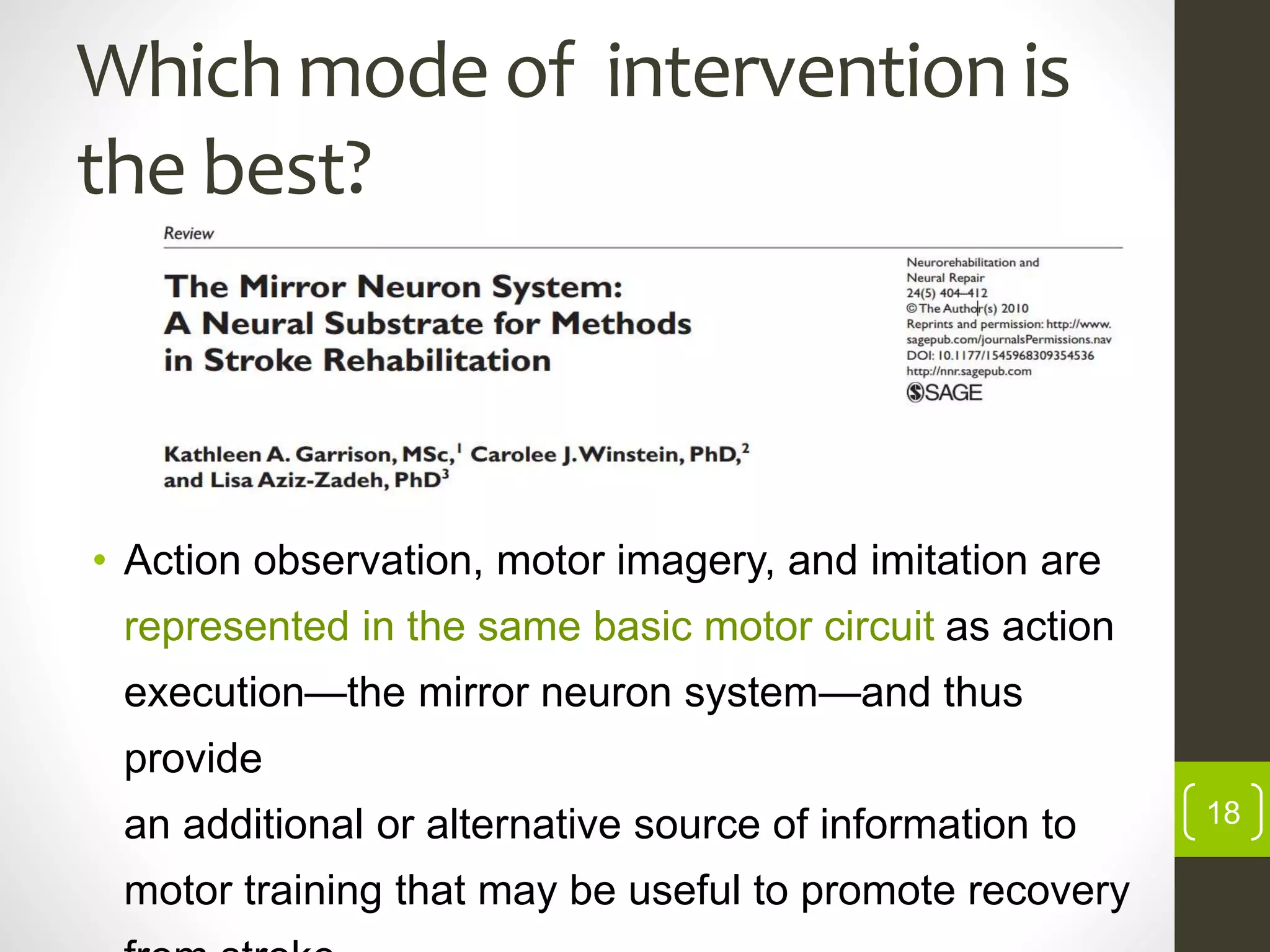Mirror neuron system in neuro rehabilitation | PPTX