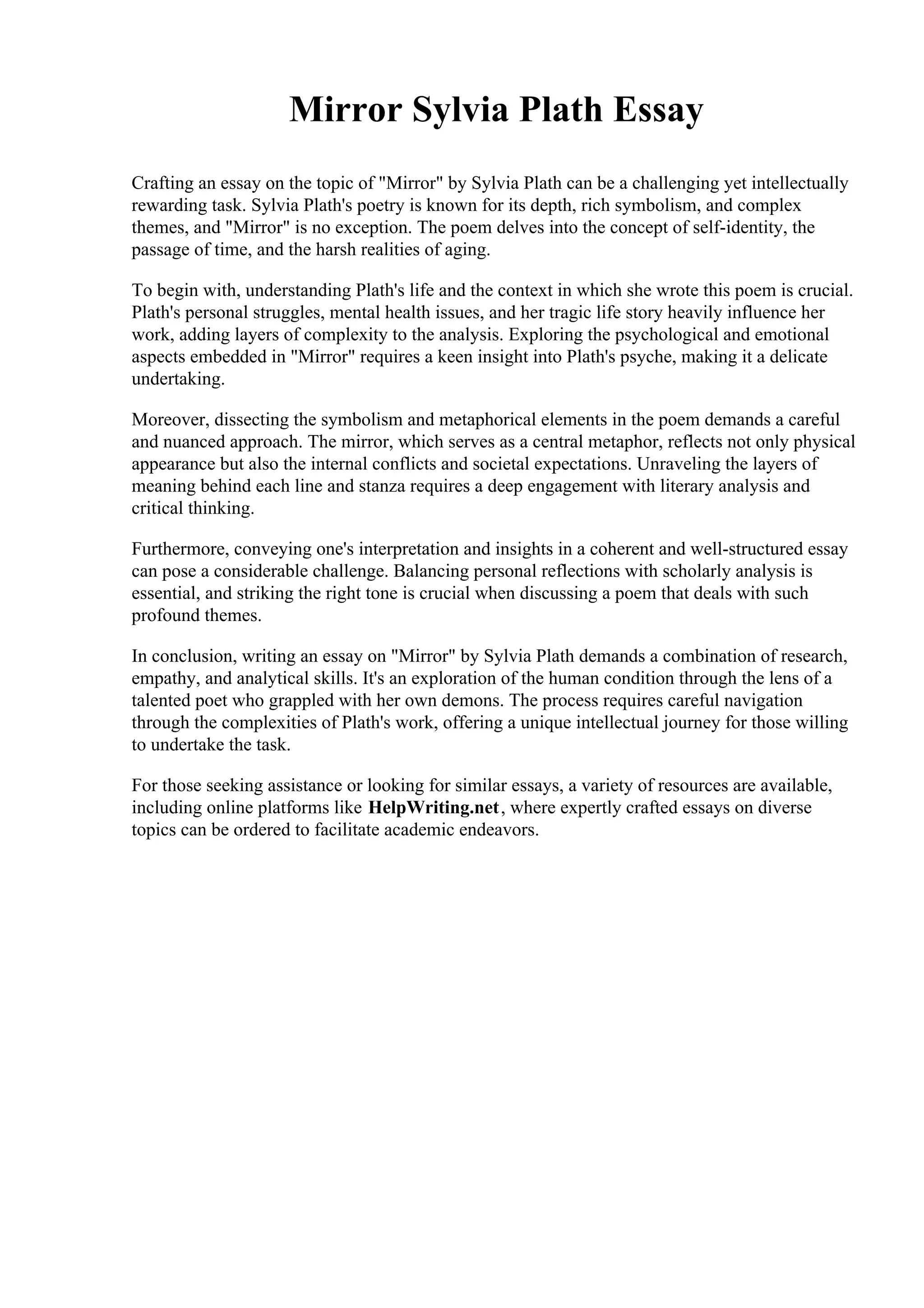 Mirror Sylvia Plath Essay. College of Our Lady of the Elms | PDF