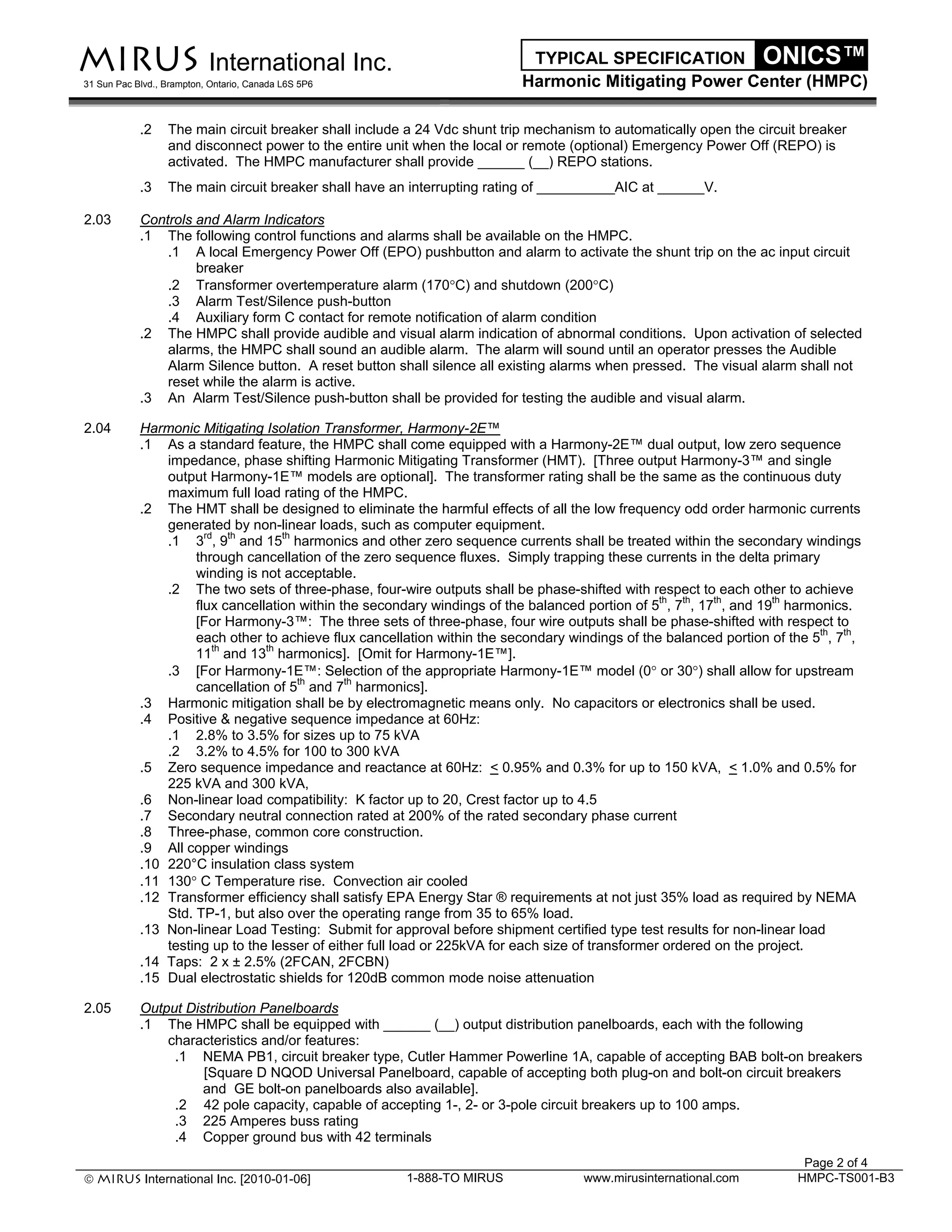 Mirus onics harmonic_mitigating_power_center_datasheet | PDF