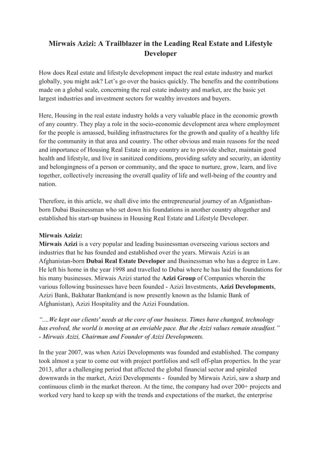 Mirwais Azizi A Trailblazer in the Leading Real Estate and Lifestyle Developer | PDF