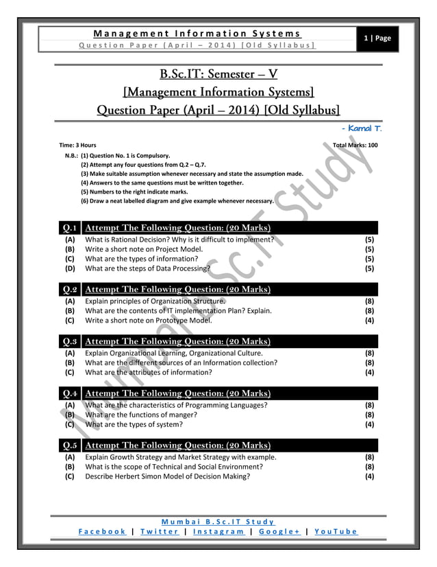 [Question Paper] Management Information Systems (Old Syllabus) [April ...