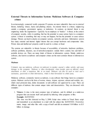 External threats to information system: Malicious software and computer ...
