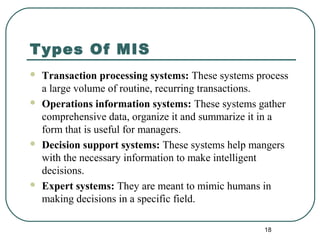 Types of IS(TPS, OAS, MIS, DSS, ESS and SIS) | PPT