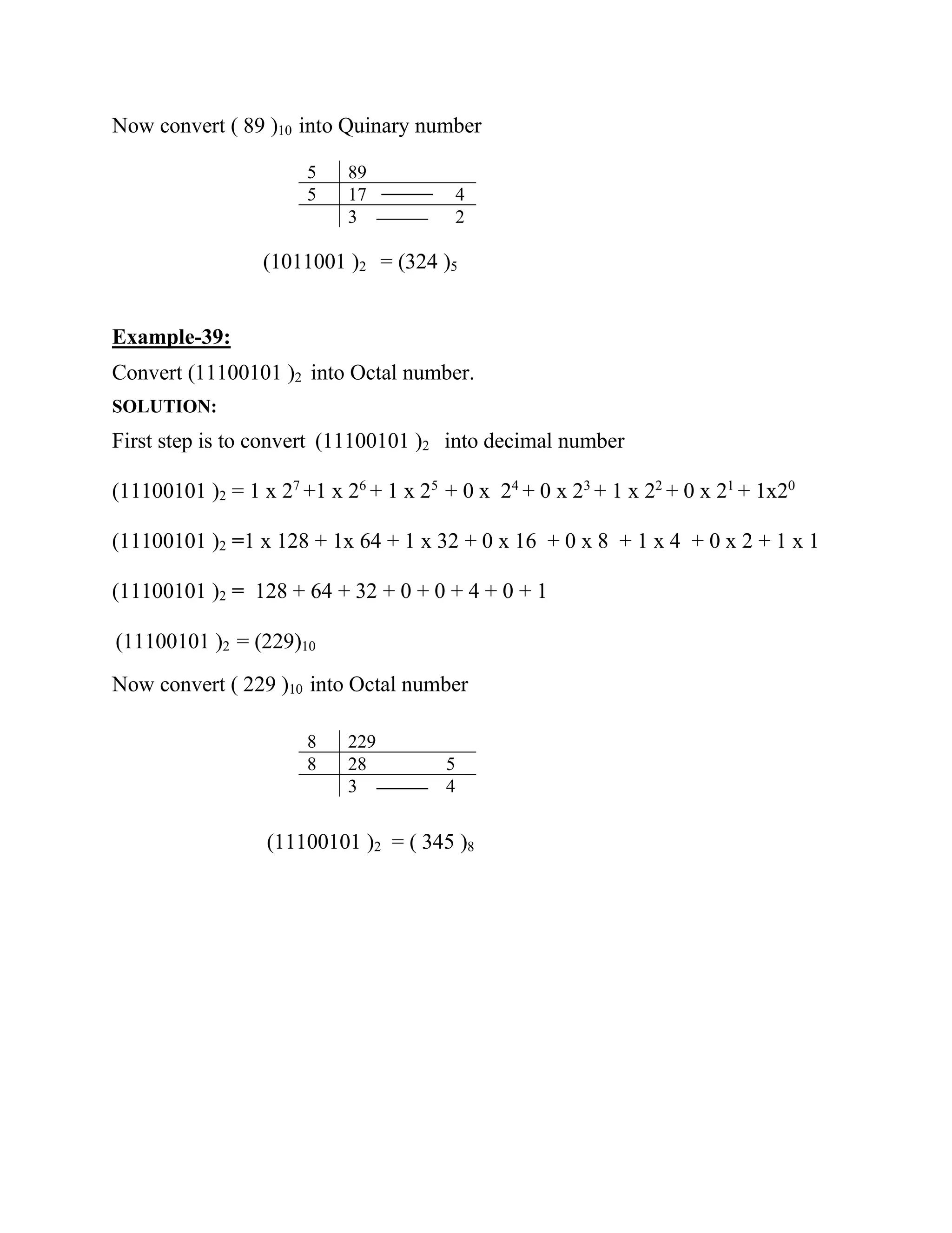 Miscellaneous examples of binary , quinary and octonary numbers (2) | PDF